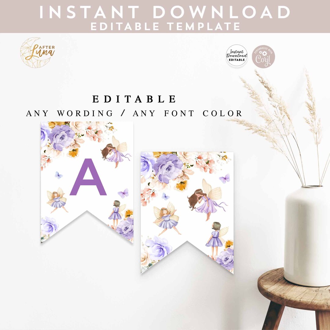 Editable ANY WORDING Purple Blush Fairy Pennant Banner 8.5x11 Fairy ...