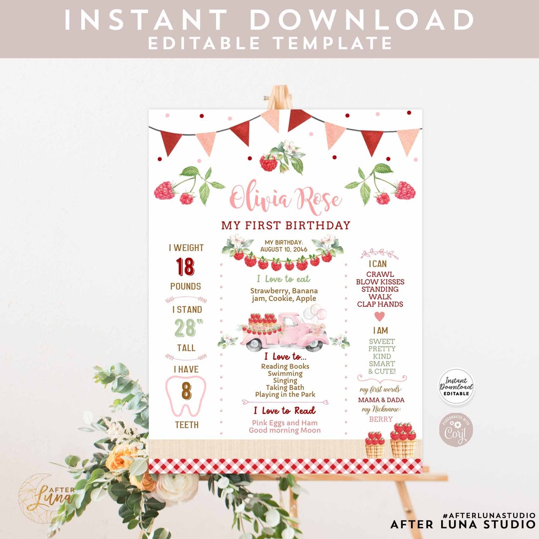 Editable Raspberry Birthday Milestone Poster Template Birthday Facts ...