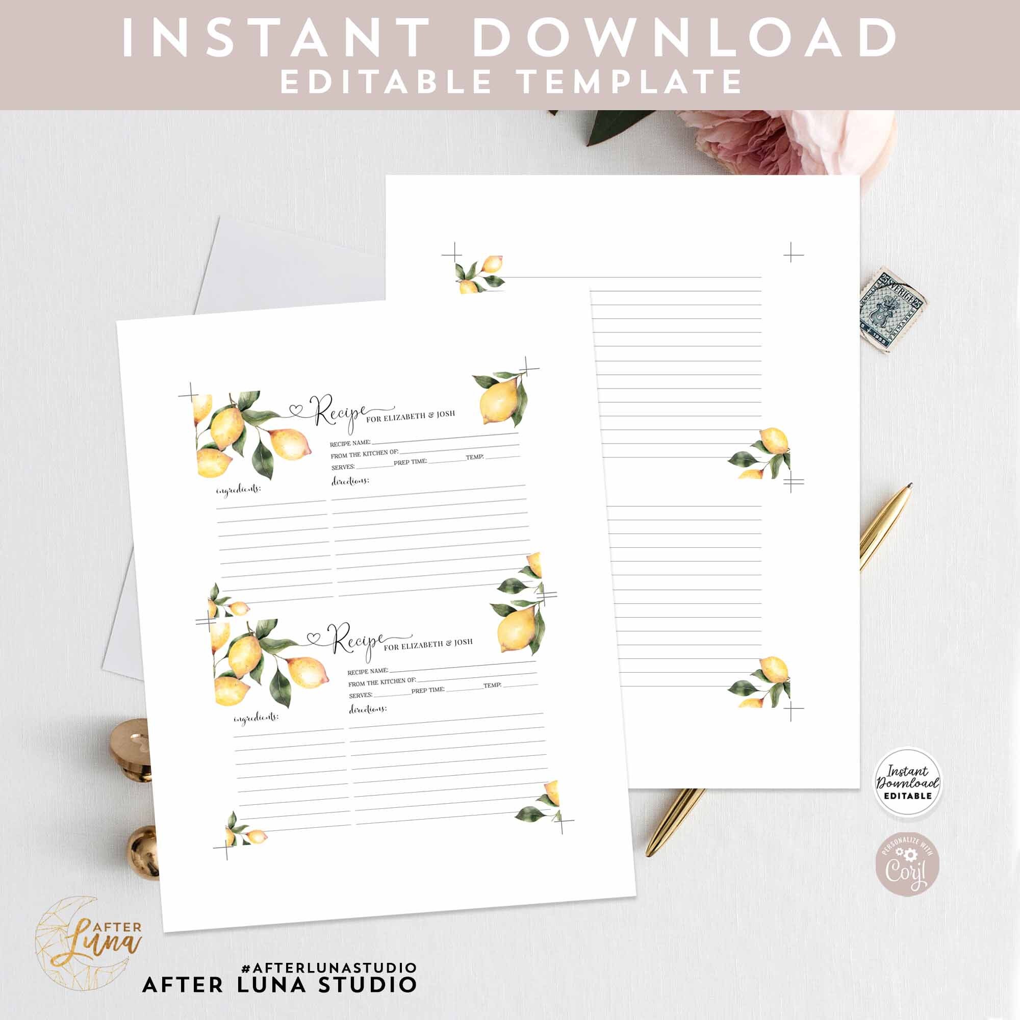 Editable Personalized Rustic Lemon Recipe Card Greenery Lemon | Etsy