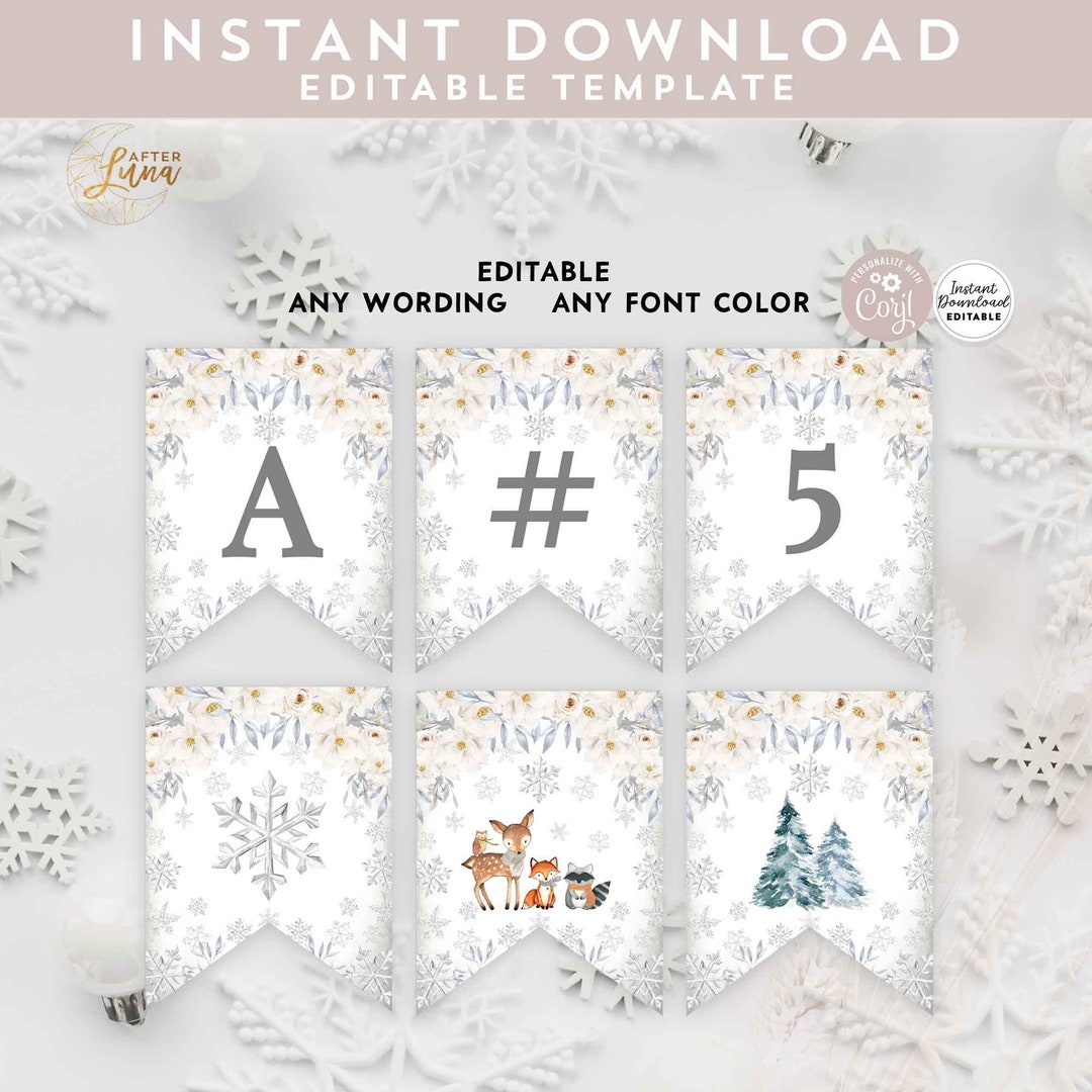 Editable ANY WORDING Winter Woodland Pennant Banner 8.5x11 Baby Shower ...