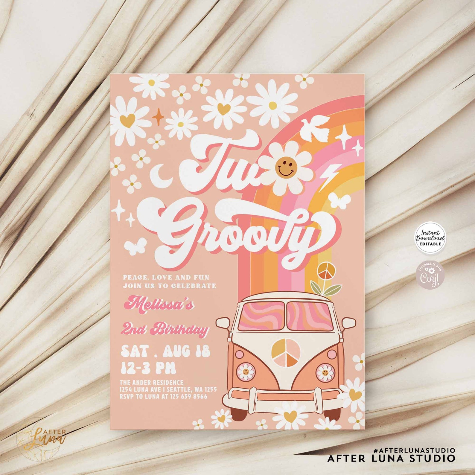Editable TWO Groovy Girl Pink Peach Van Daisy Rainbow Groovy | Etsy