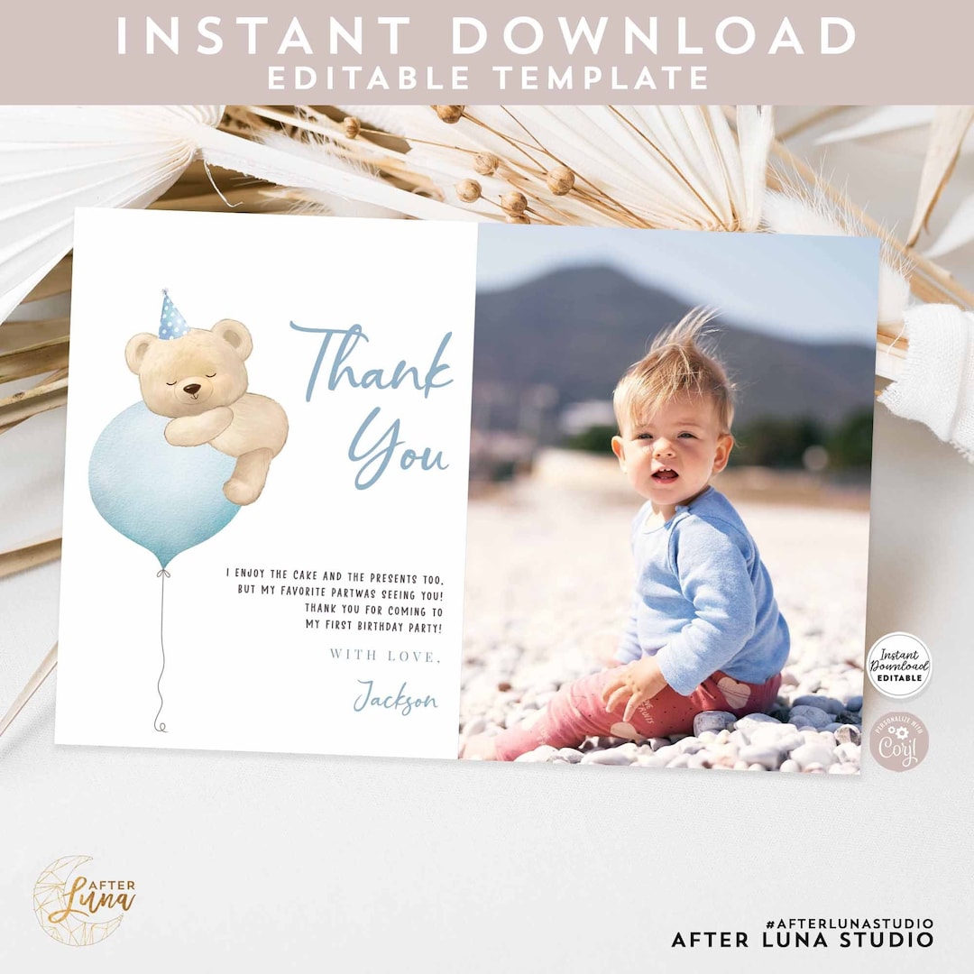 Editable 4x6" Photo Thank You Card Boy Teddy Bear Birthday Blue Balloon ...