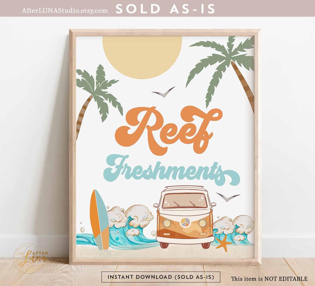 Boy Orange Blue Surfing Surf Birthday Decor Reef Freshments Sign the ...