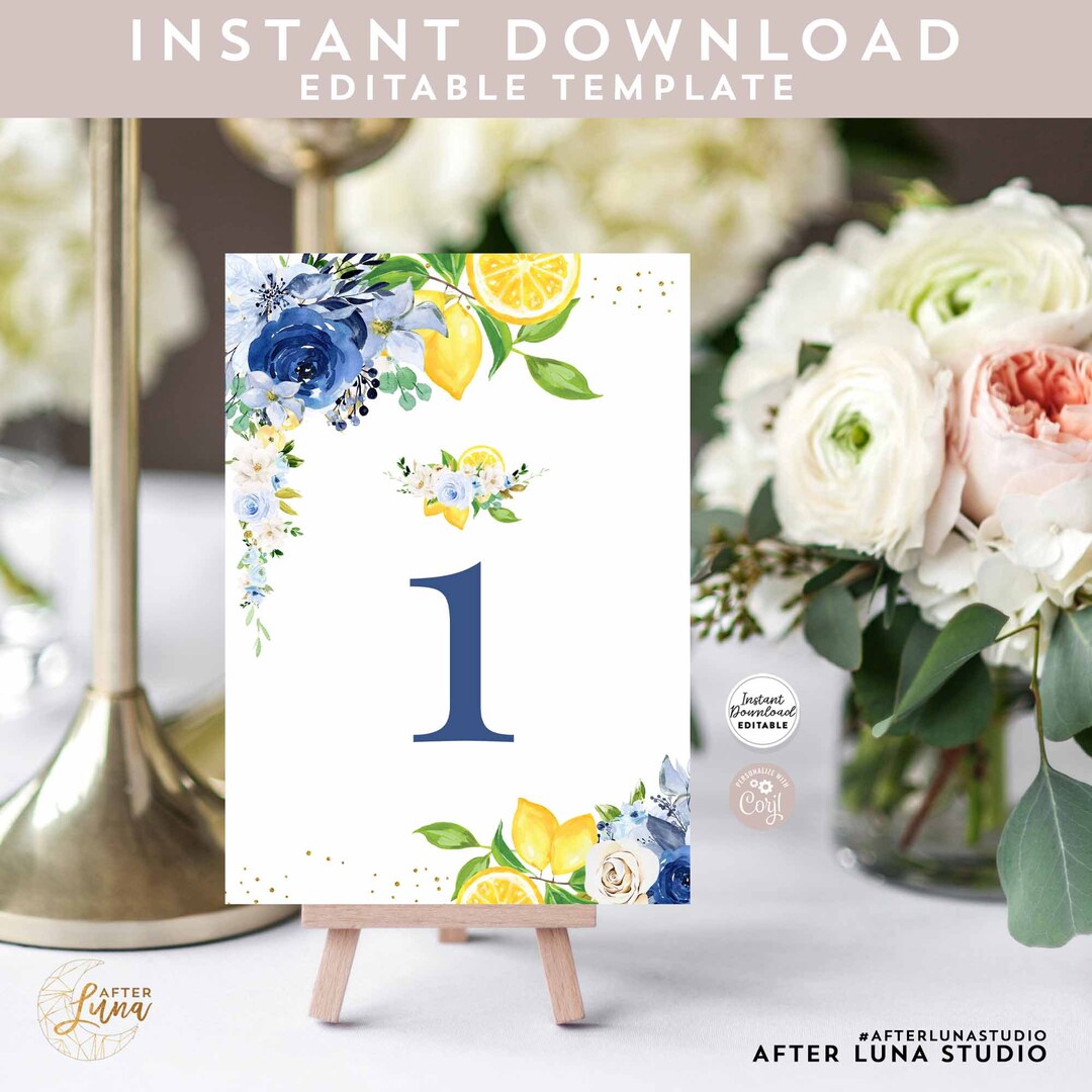 Editable Blue Floral Lemon Table Number Unlimited Numbers Couple Baby ...