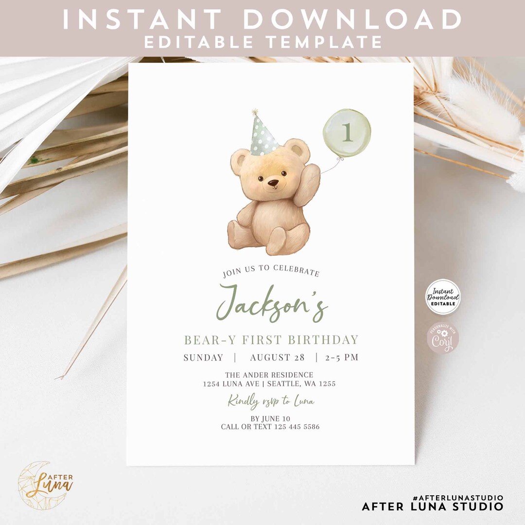 Editable ANY AGE Birthday Gender Neutral Teddy Bear Sage Green Balloon ...