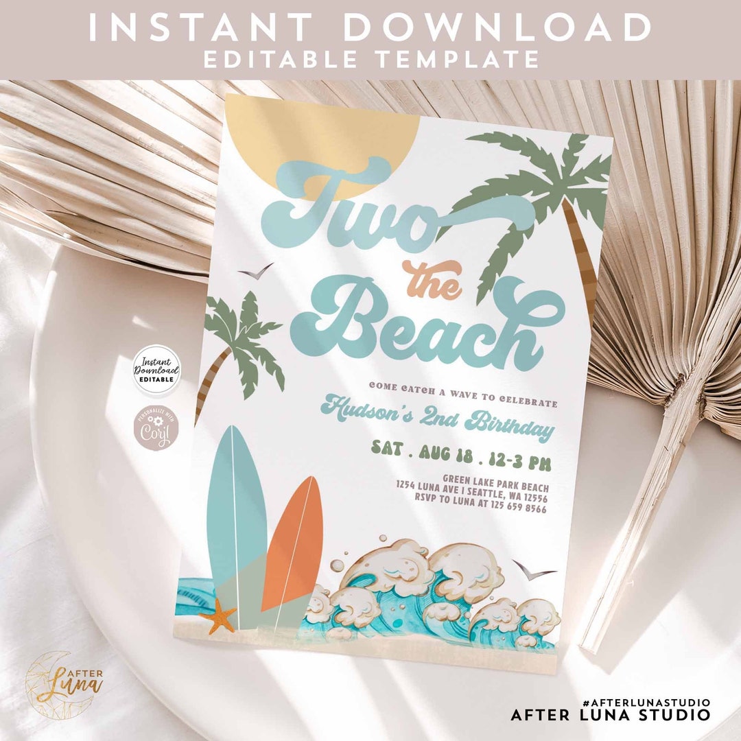 Editable Boy Surf Surfing 2nd Birthday Invite Two the Beach Modern ...