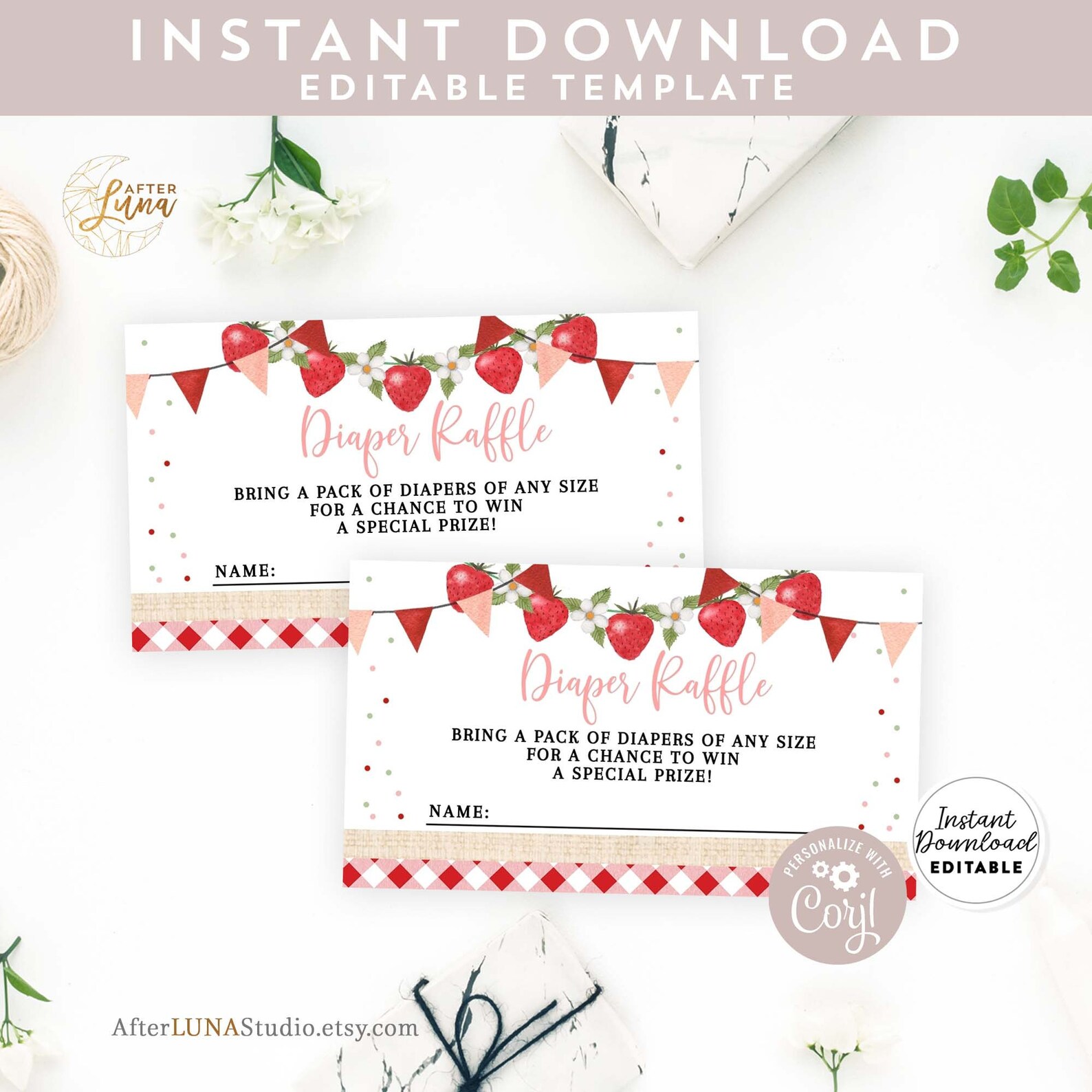 Editable Strawberry Baby Shower Diaper Raffle Ticket Insert | Etsy