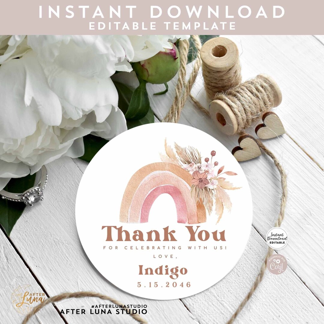 Editable Boho Rainbow Round Label Sticker Tag Pampas Grass Rainbow Baby ...