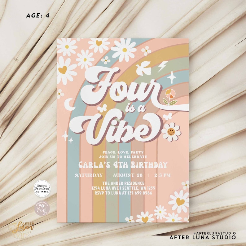 Editable Groovy 4th Birthday Invite Pastel Blue Blush Four is a Vibe ...