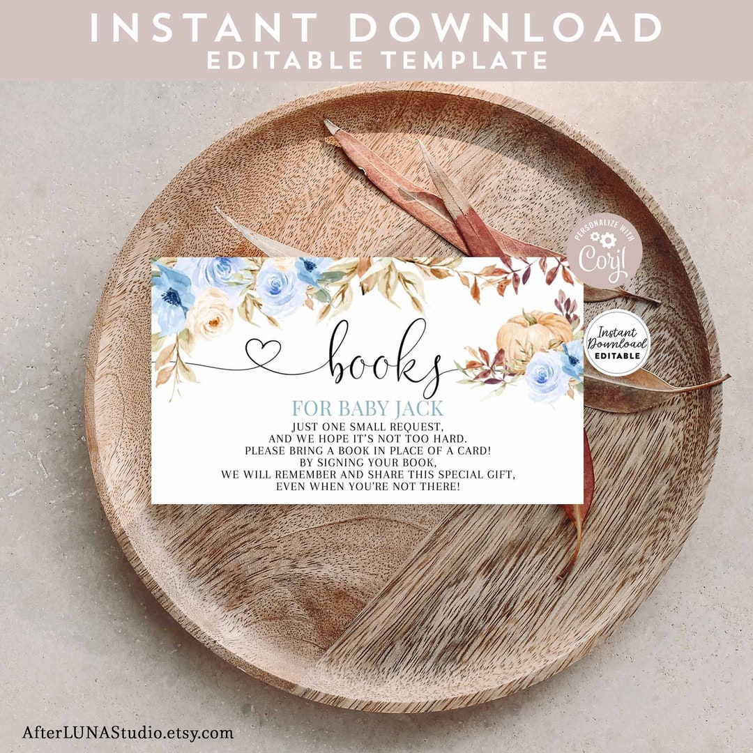 Editable Fall Pumpkin Blue Floral Baby Shower Book Request Insert Bring ...