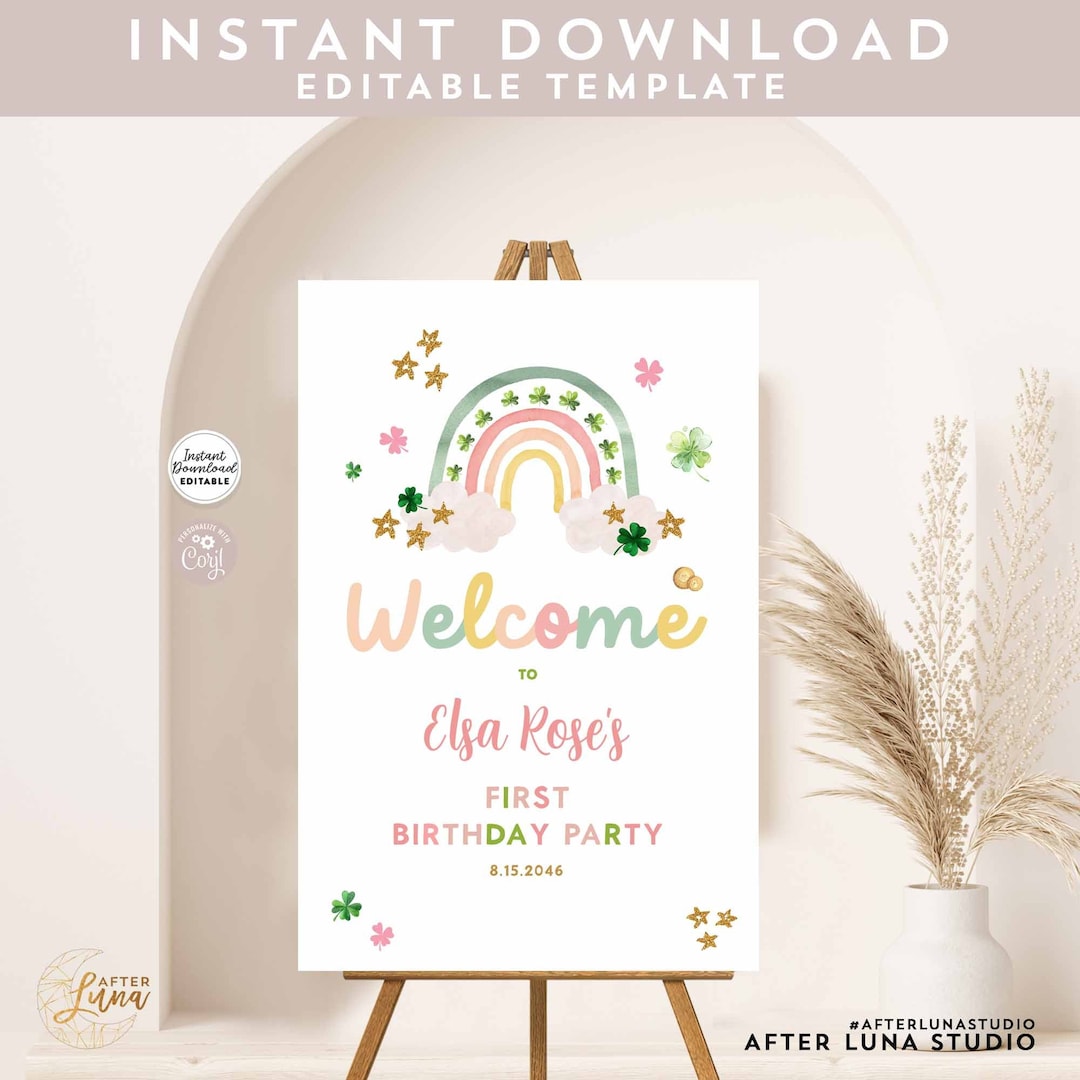 EDITABLE Pink Lucky One Shamrock Pastel Rainbow St Patrick Day Birthday ...