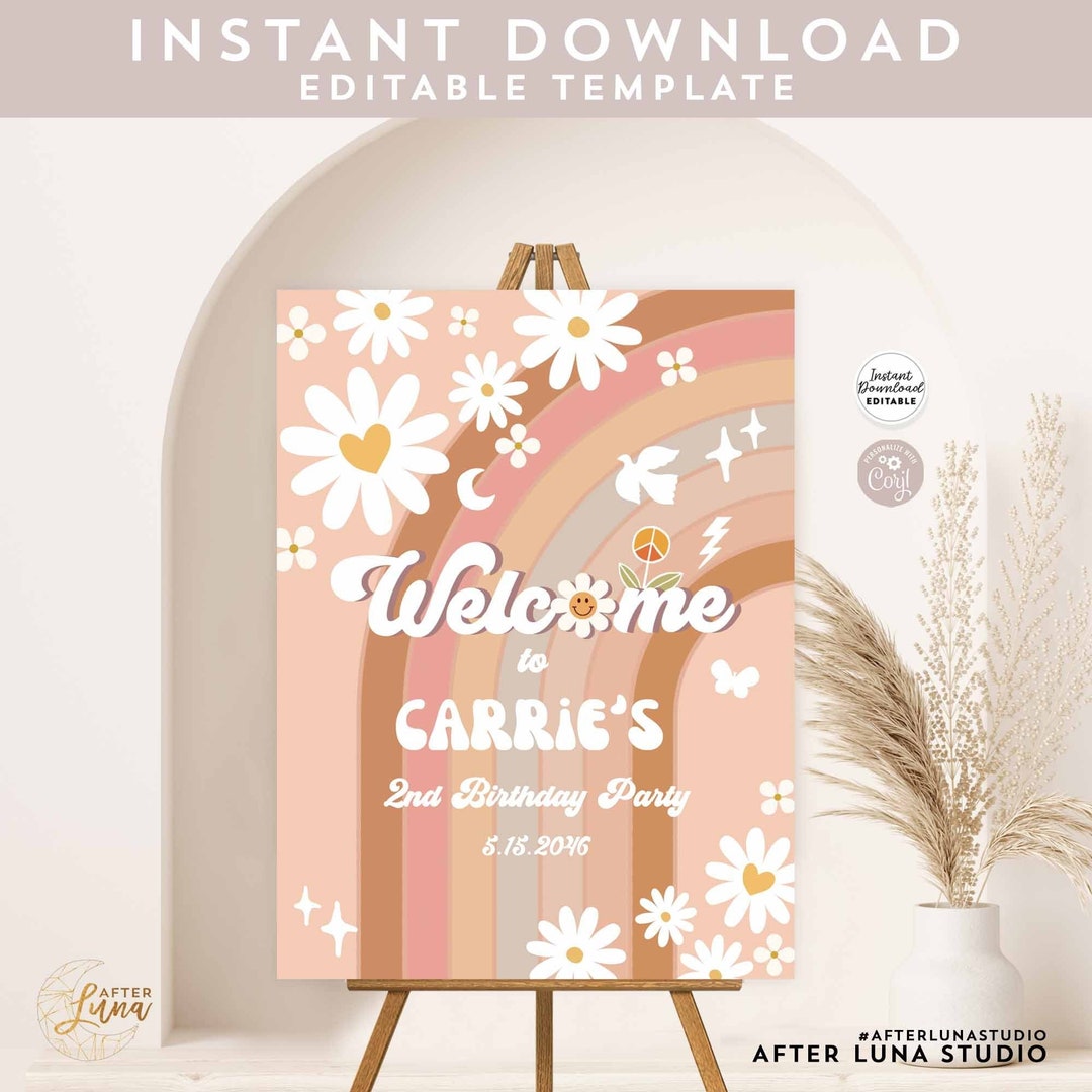 Editable Groovy Party Decor Beige Earthy Welcome Sign Daisy Groovy ...