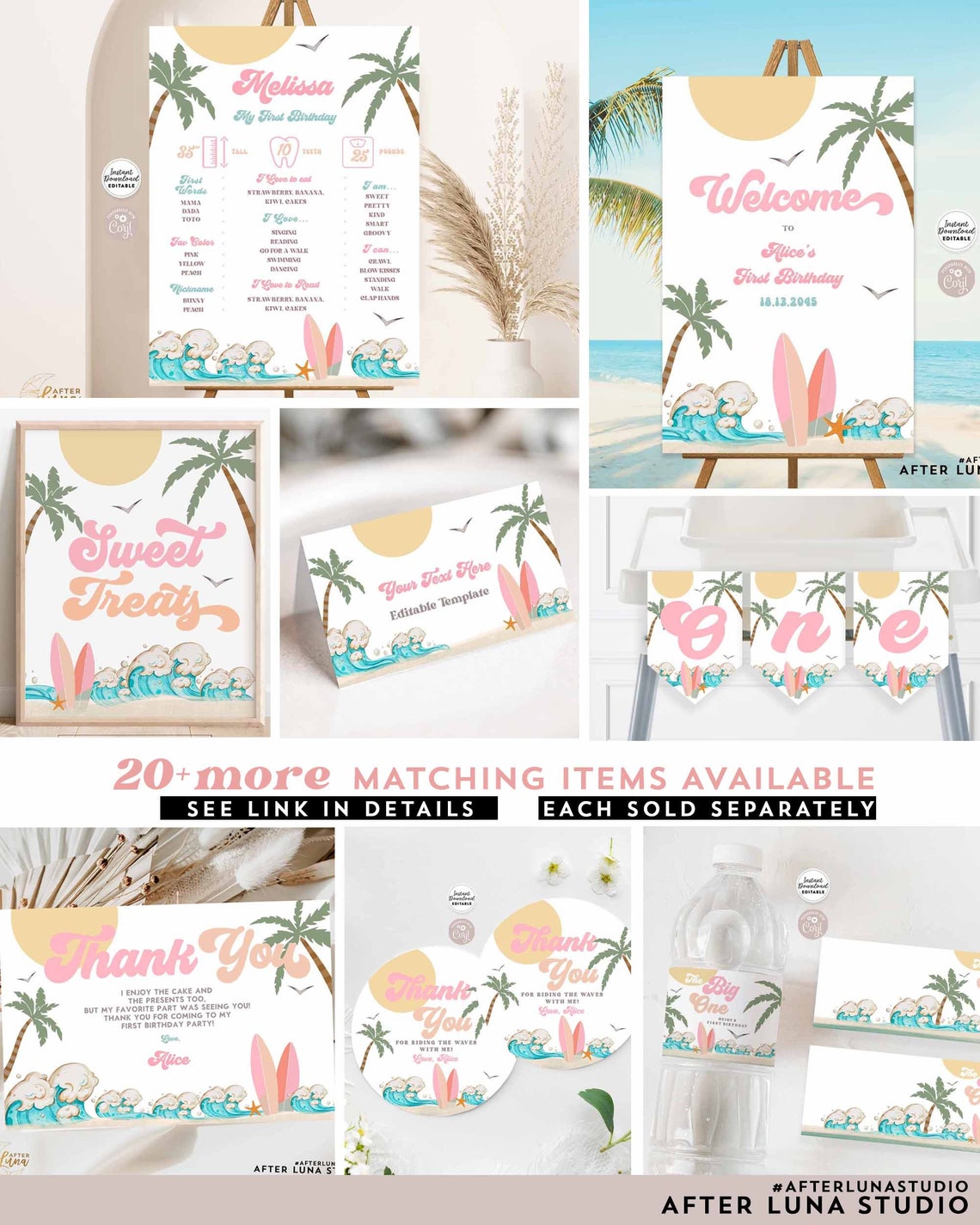 Editable Surf Surfing Pink Peach Girl Surf's up Birthday Baby Shower ...