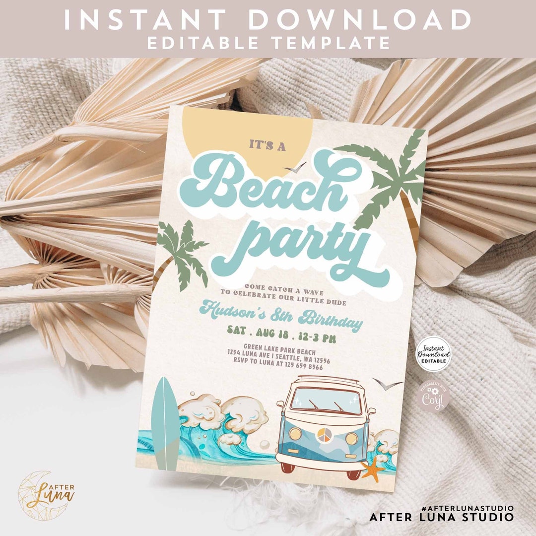 Editable It's a Beach Party Surfing Birthday Party Invitation Retro Boy ...