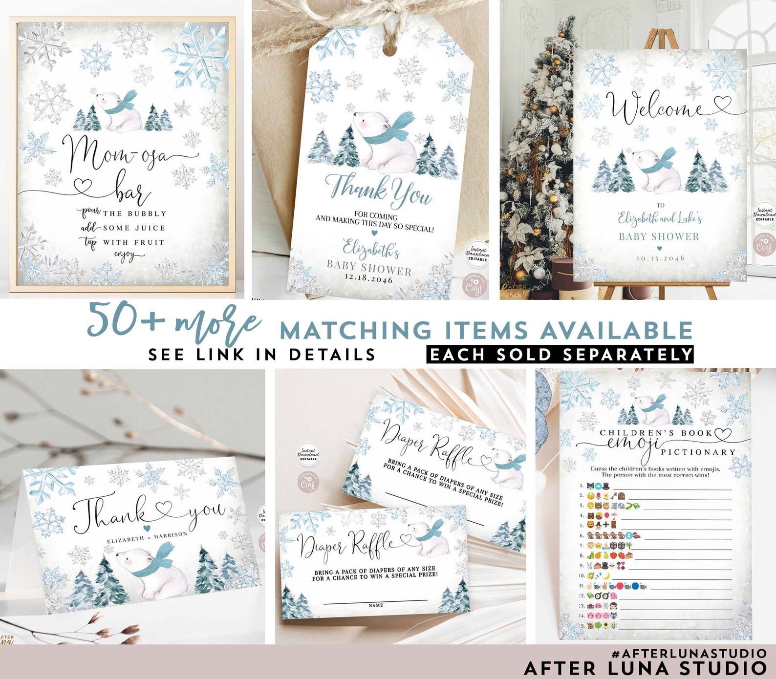 Editable Winter Blue Snowflake Boy Polar Bear Baby Predictions - Etsy