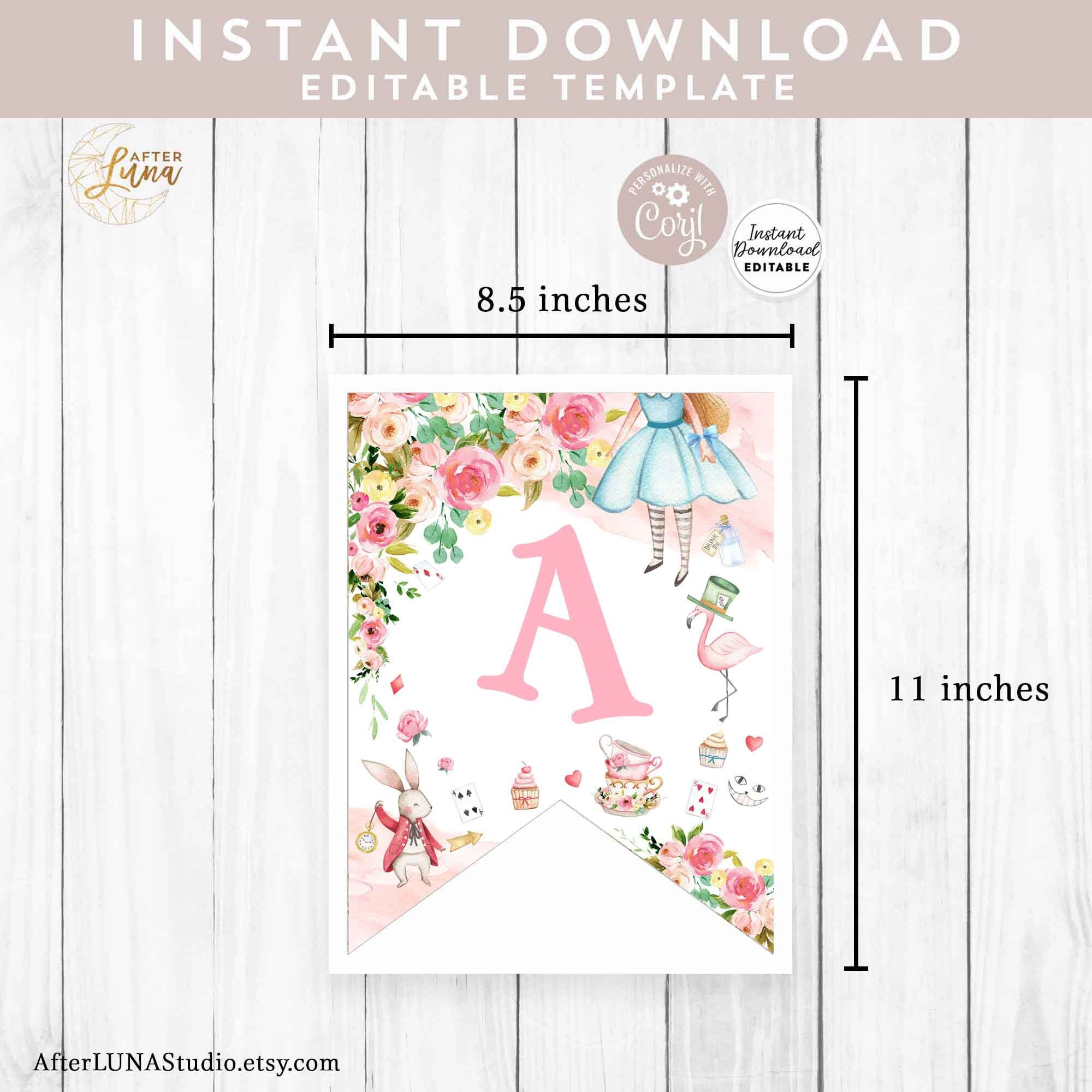 Editable ANY WORDING Alice in Wonderland Onederland Pennant Banner 8 ...