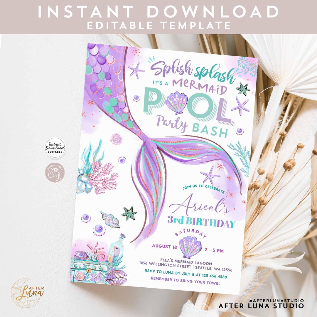 Editable Mermaid Pool Party Mermaid Purple Teal Mermaid Birthday Little ...