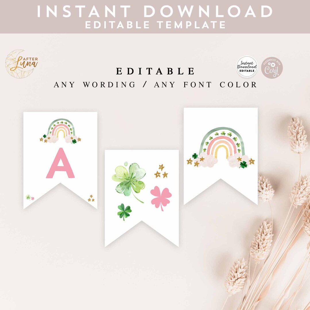 Editable ANY WORDING St Patrick's Day Lucky Shamrock Pastel Rainbow ...