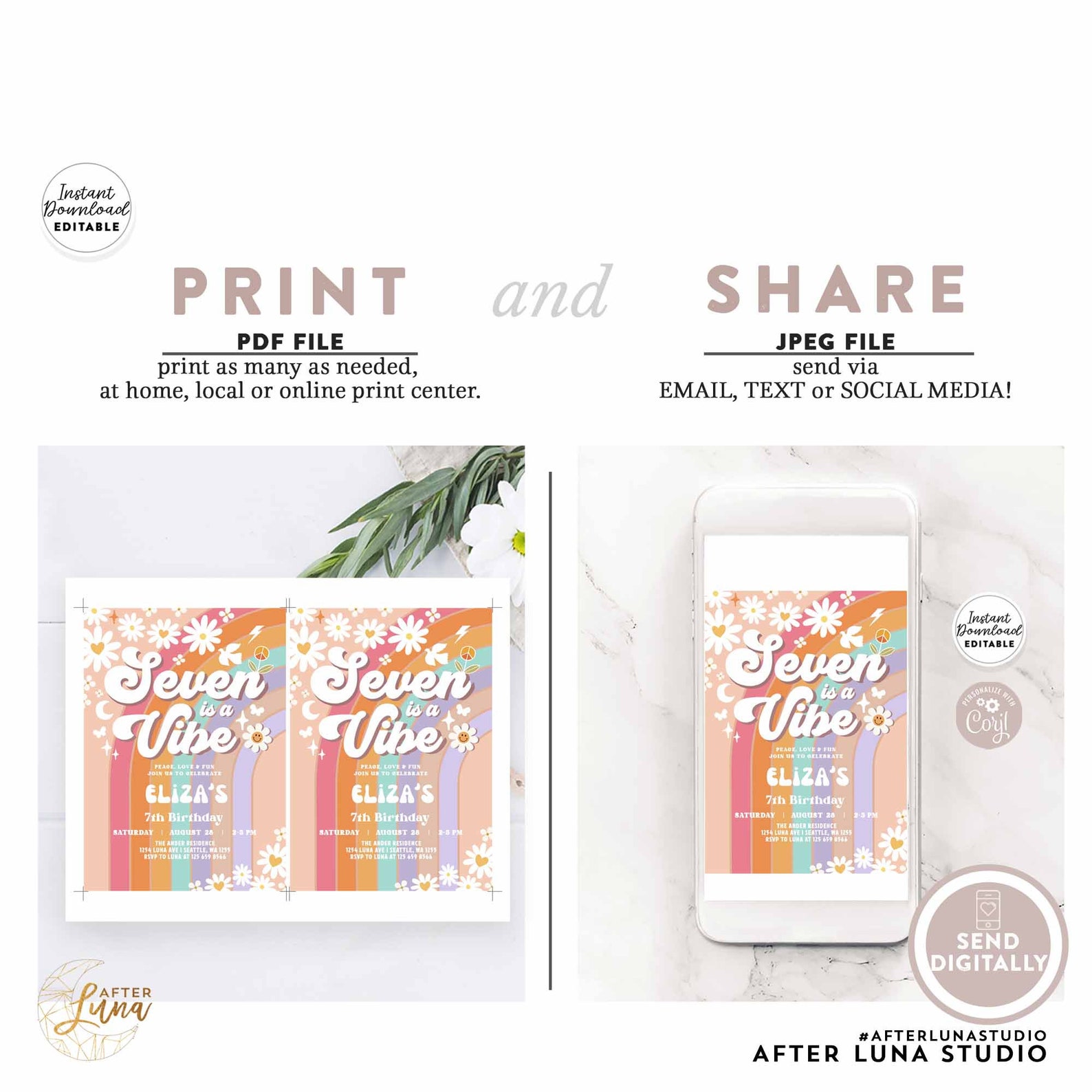 Editable Groovy 7th Birthday SEVEN is a Vibe Daisy Rainbow Hippie ...