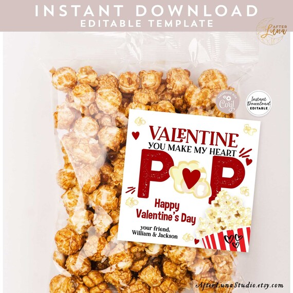 EDITABLE Valentine Popcorn Tags Valentine's Day Treat | Etsy