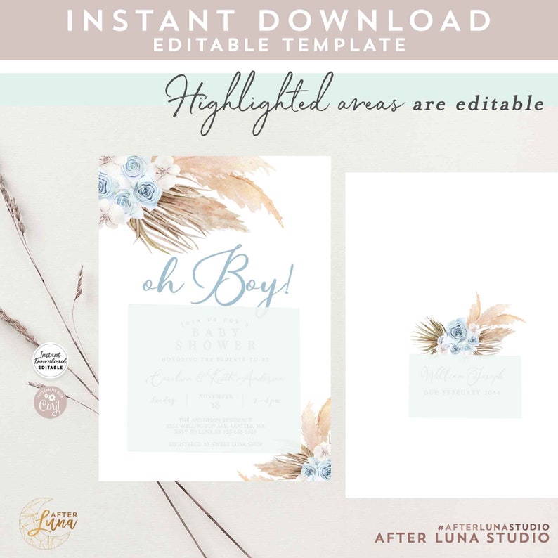 Editable Blue Pampas Grass Boho Baby Shower Invitation Boy - Etsy