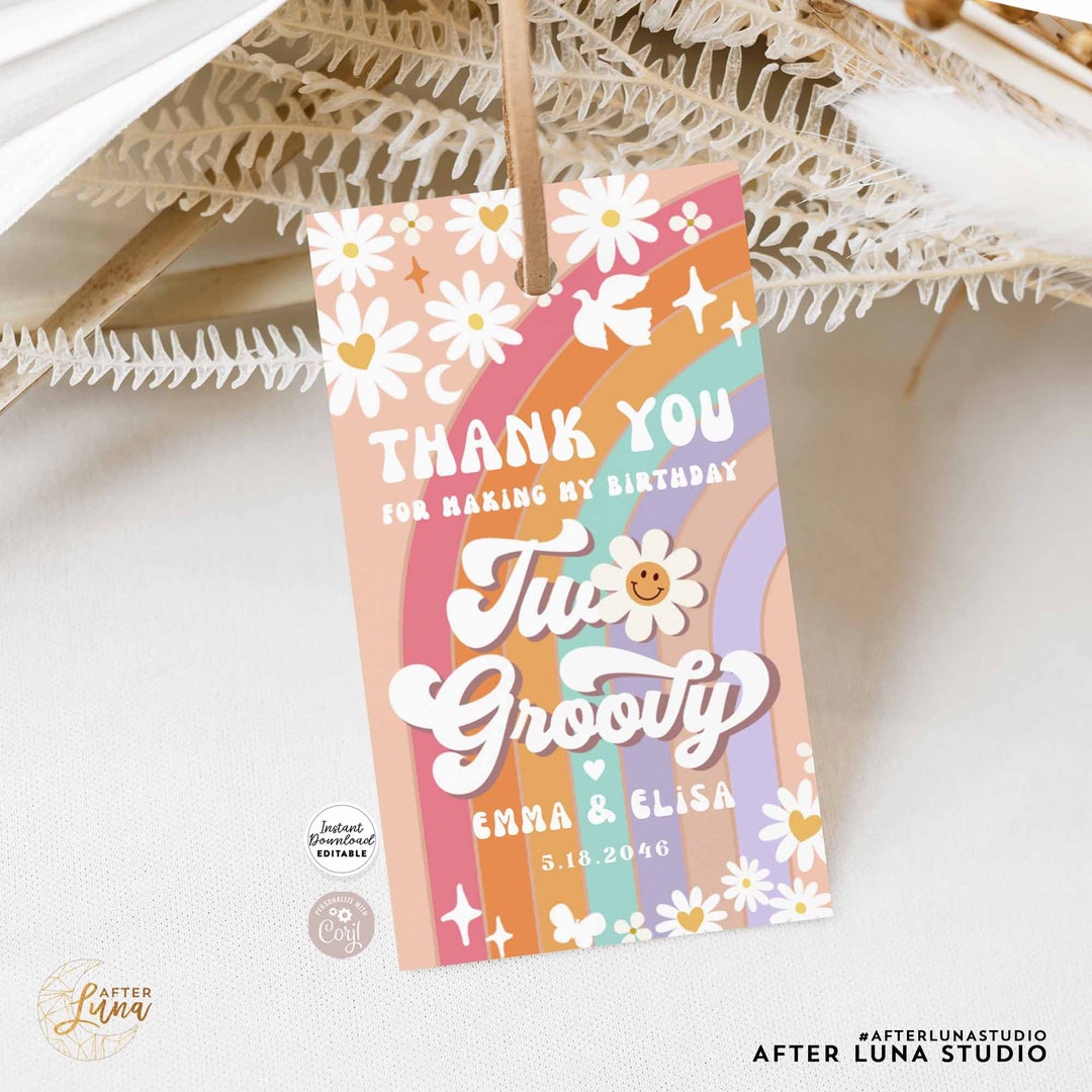 Editable TWO Groovy Birthday Thank You Favor Tag Daisy Rainbow Green ...