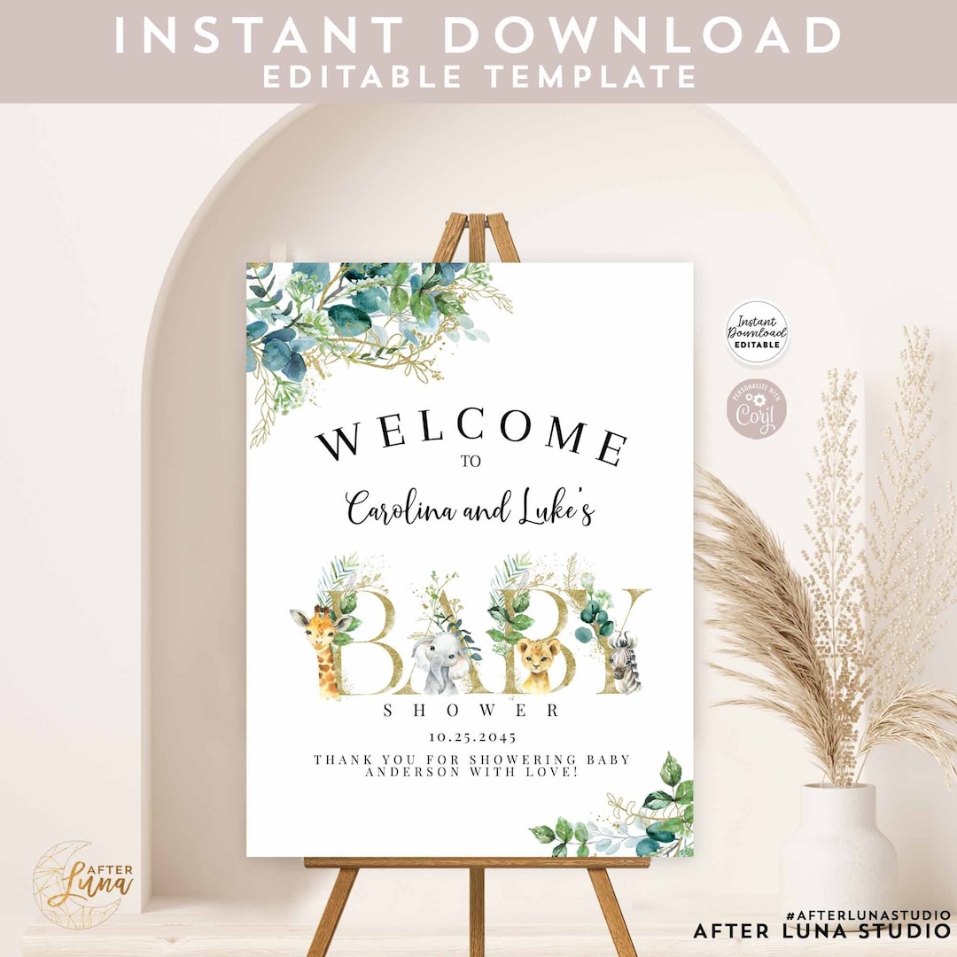 Editable Greenery Safari African Animal Baby Shower Sprinkle Welcome ...