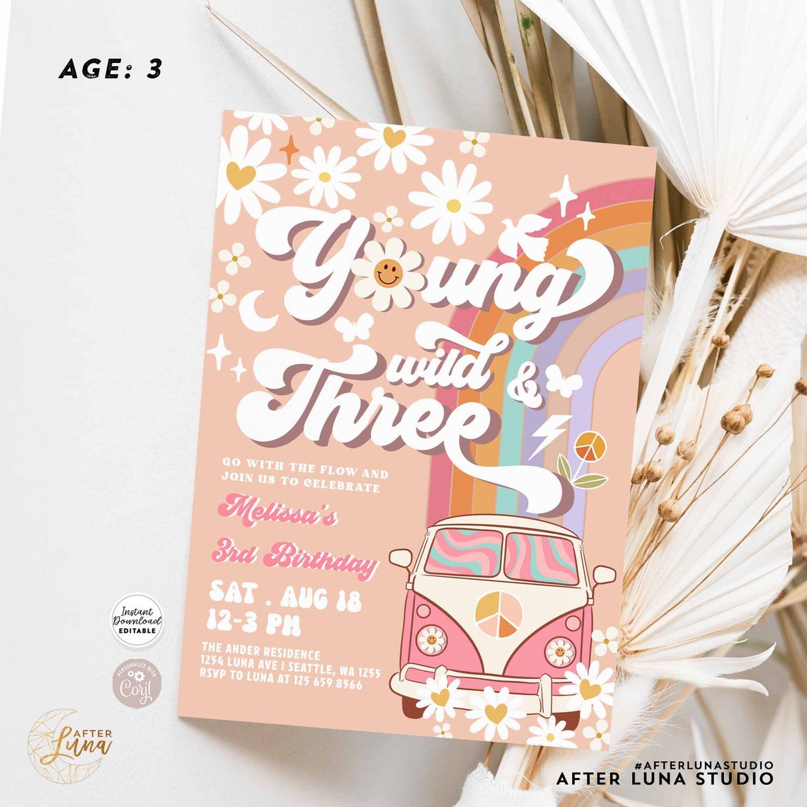 Editable Groovy Young Wild and Three 3rd Birthday Invite - Etsy