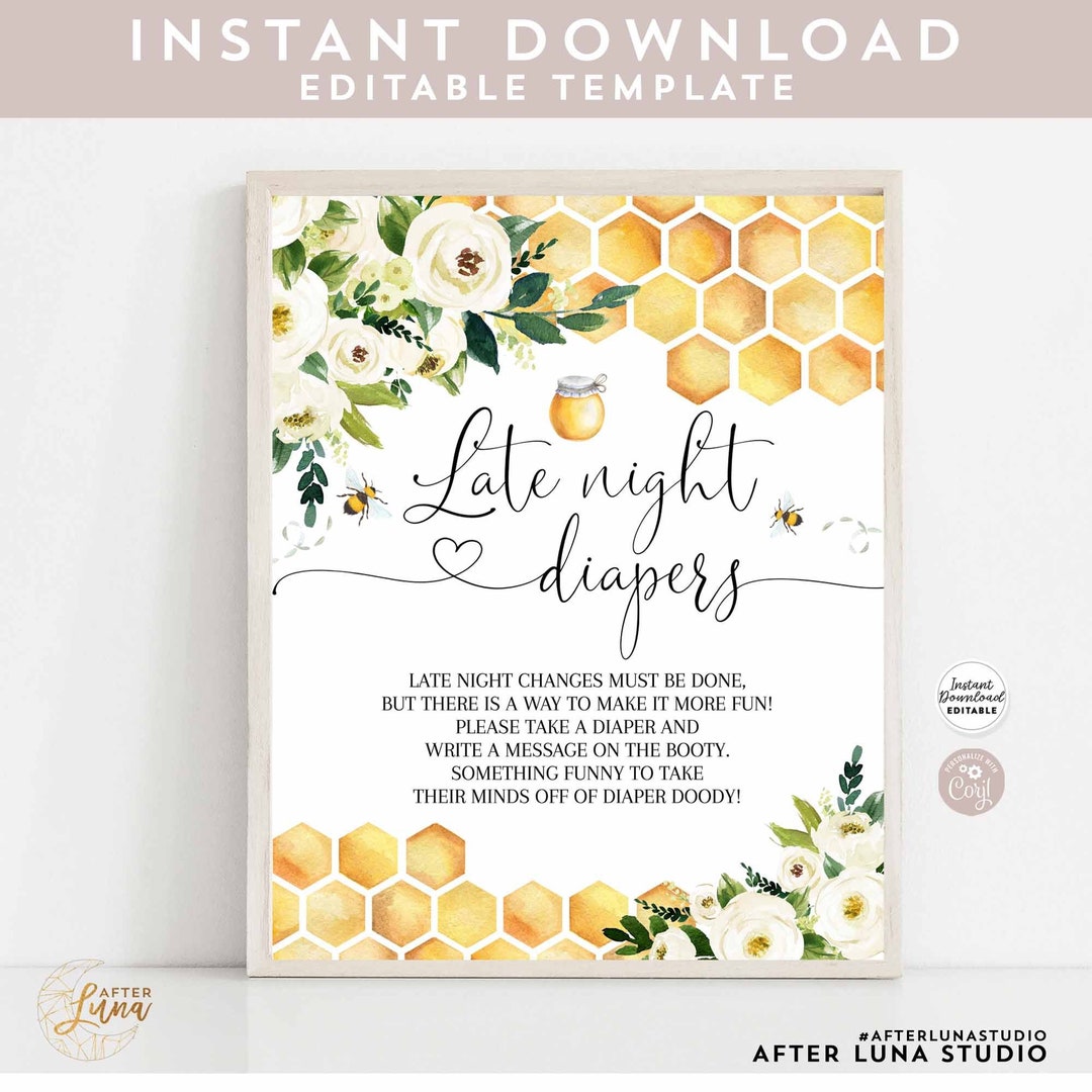 EDITABLE Personalized Honey Bee Late Night Diapers Game Bee Baby Shower ...