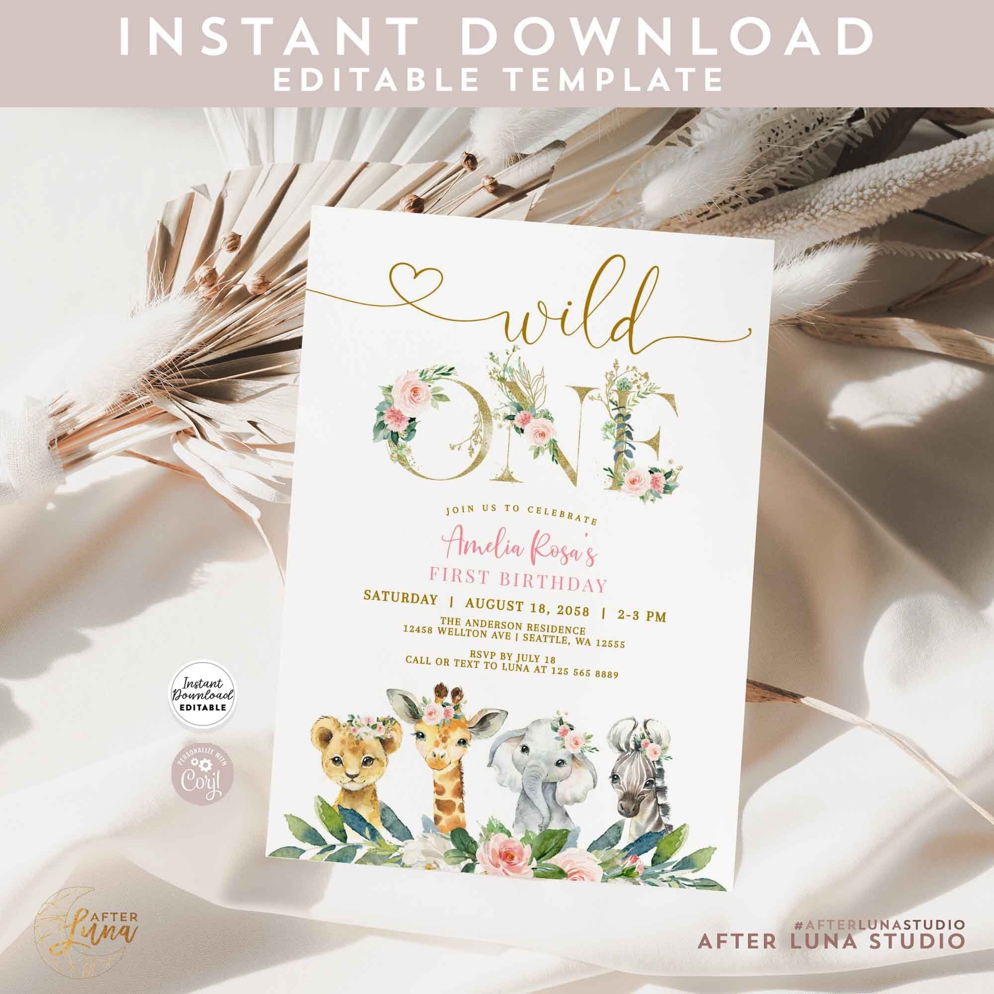 Editable Wild ONE Birthday Invitation Blush Pink Gold Girl - Etsy