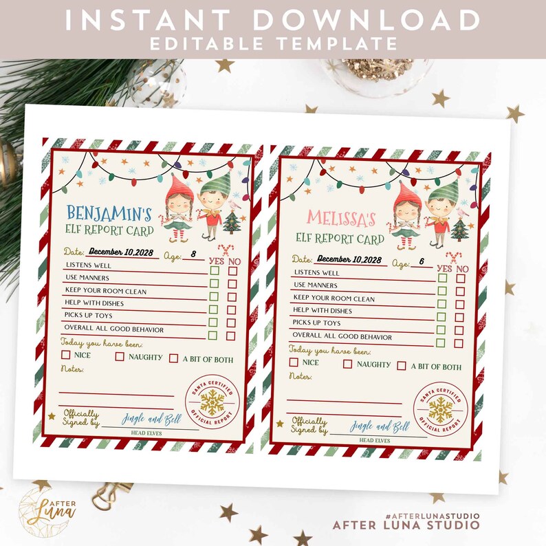 EDITABLE Boy Elf Report Card Printable Green Red Stripes Elf Activity ...