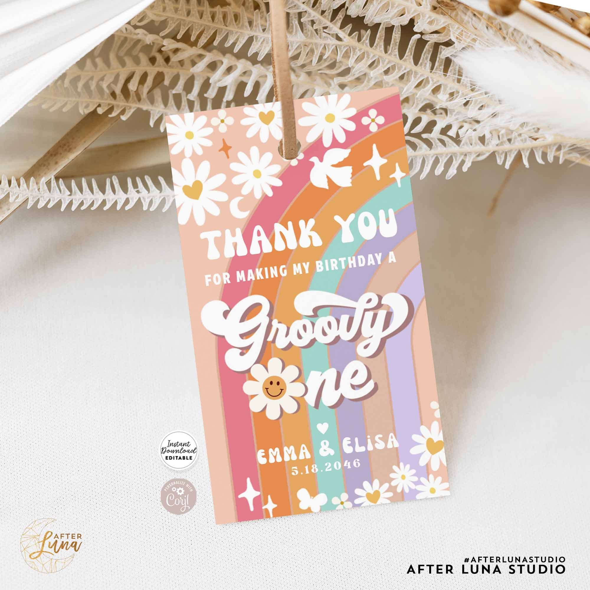 Editable Groovy ONE Birthday Thank You Favor Tag Daisy Rainbow Green ...