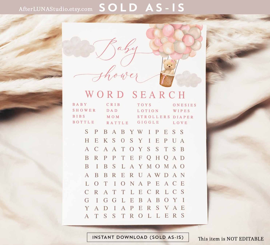 Pink Girl Teddy Bear Hot Air Balloon Baby Word Search Game - Etsy