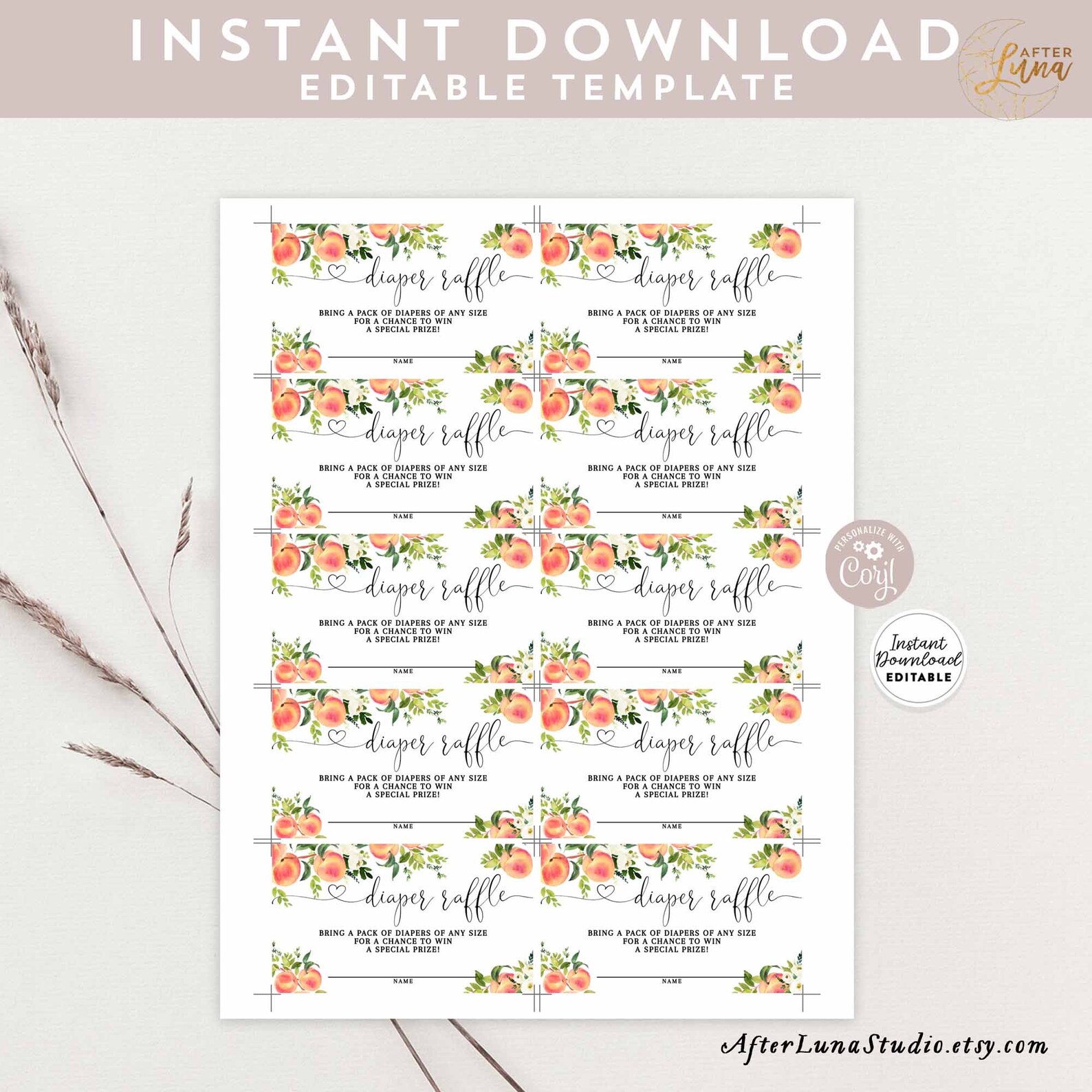 Editable Little Peach Baby Shower Diaper Raffle Ticket White Floral ...