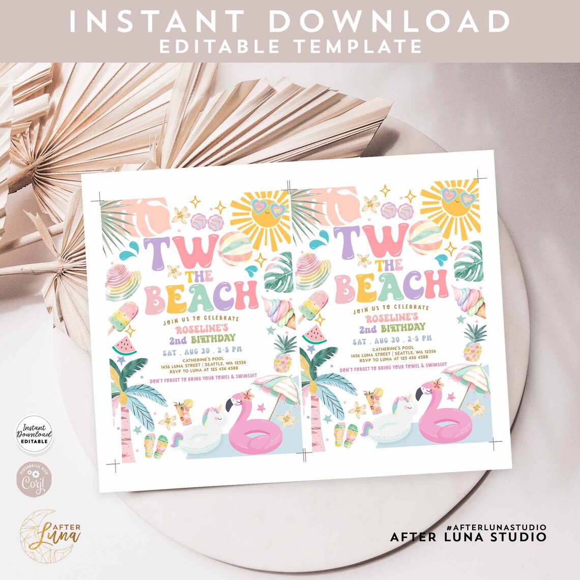 Editable Girl Tropical TWO the Beach Party Birthday Invitation Girly ...