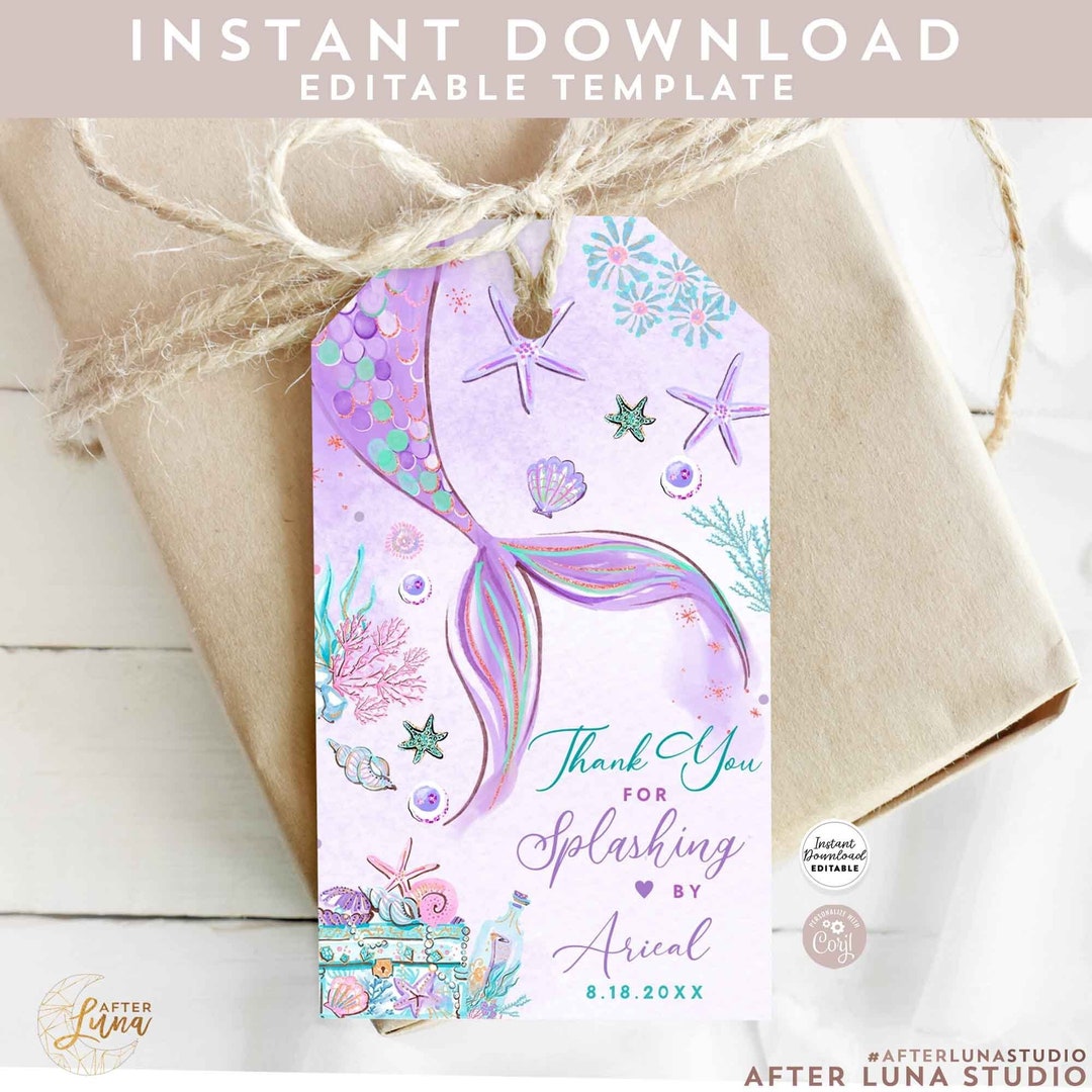 Editable Purple Teal Mermaid Under the Sea Birthday Favor Tag Mermaid ...