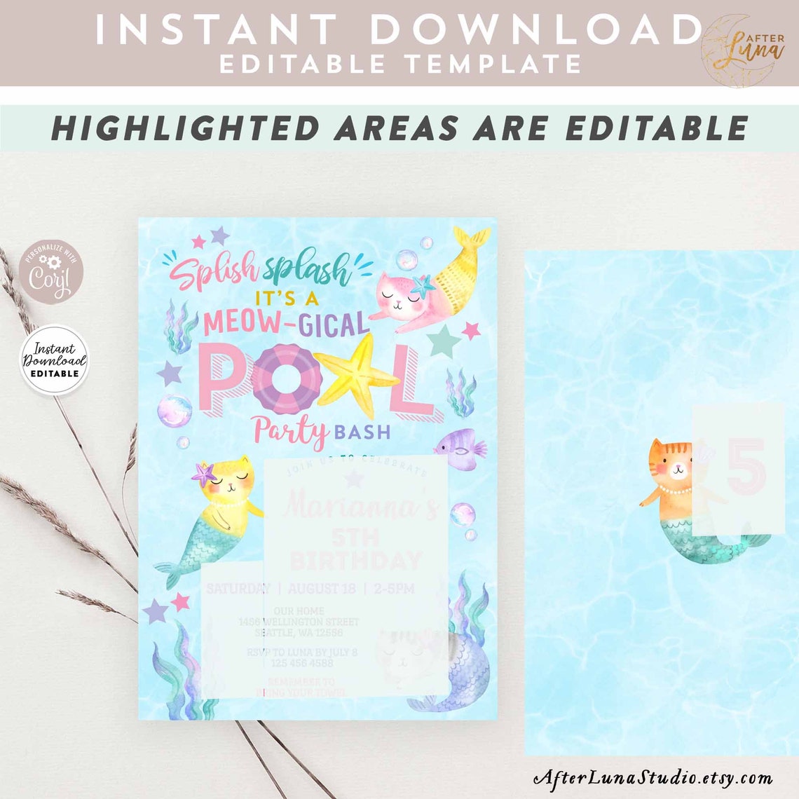 Editable Pool Party Invitation Girl Cat Mermaid Pool Party Invite ...