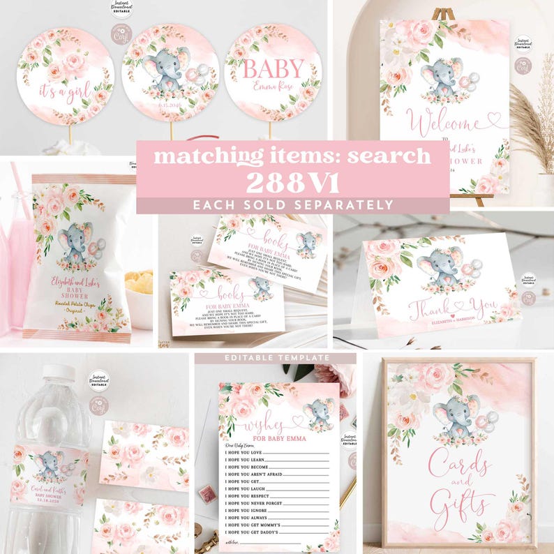 Editable Pink Floral Elephant Girl Baby Shower Sprinkle Diaper Raffle ...