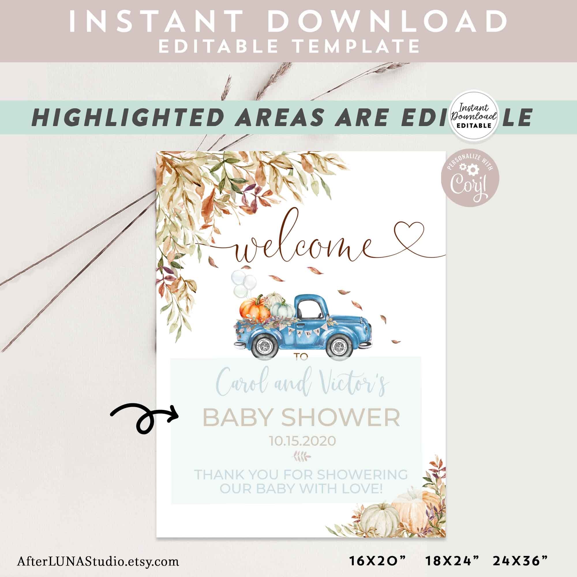Editable Fall Blue Pumpkin Truck Baby Shower Sprinkle Welcome - Etsy