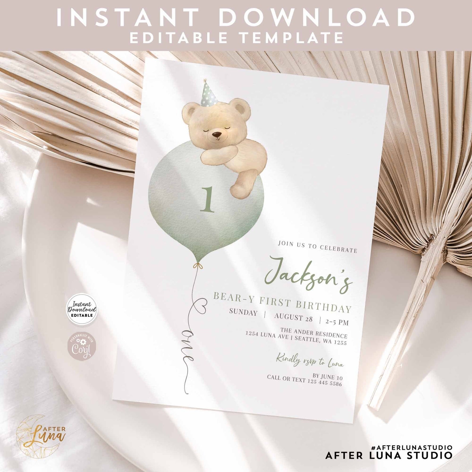 Editable 1st Birthday Gender Neutral Teddy Bear Sage Green Balloon ...