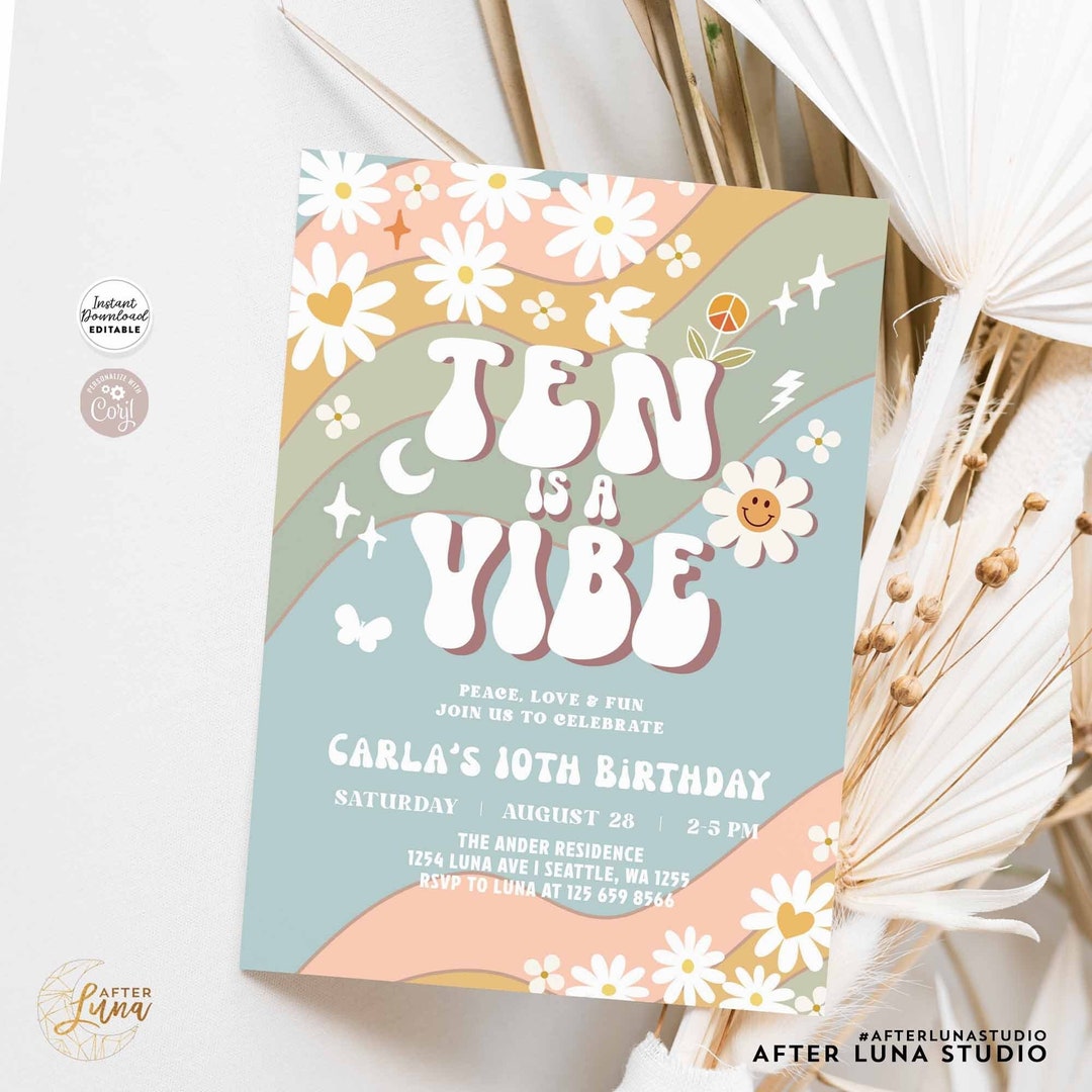 Editable 10th Muted Green Blue TEN is a Vibe Birthday Invite Daisy ...