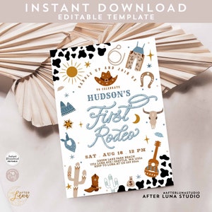Editable Cowboy My First 1st Rodeo Invitation Birthday Invite Ranch ...