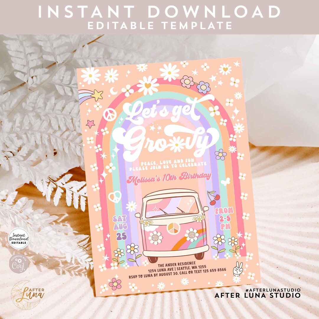 Editable ANY AGE Let's Get Groovy Van Birthday Invitation Daisy Hippie ...