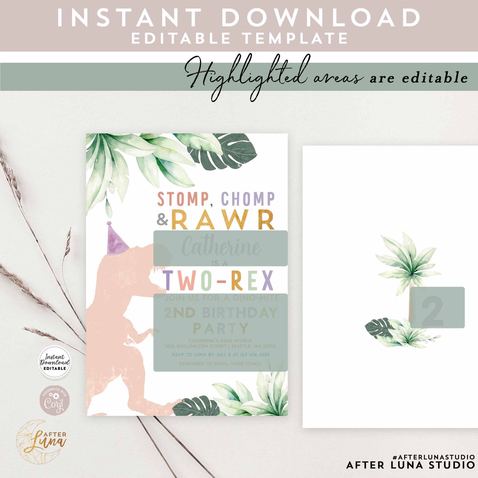 Editable TWO Rex Invite Dino Dinosaur T Rex Pink Lavender - Etsy