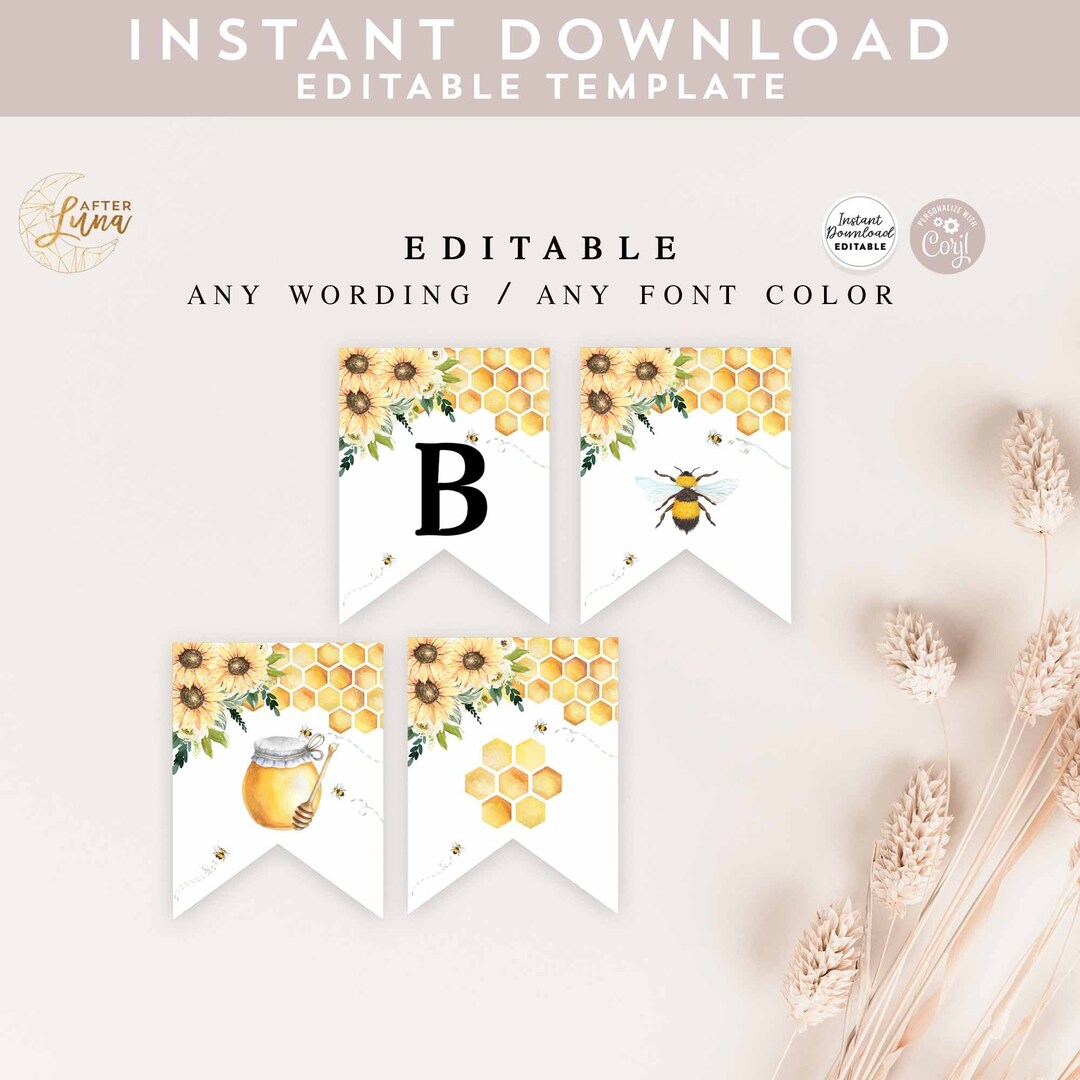 Editable ANY WORDING Rustic Sunflower Bumble Honey Bee Shower Pennant ...