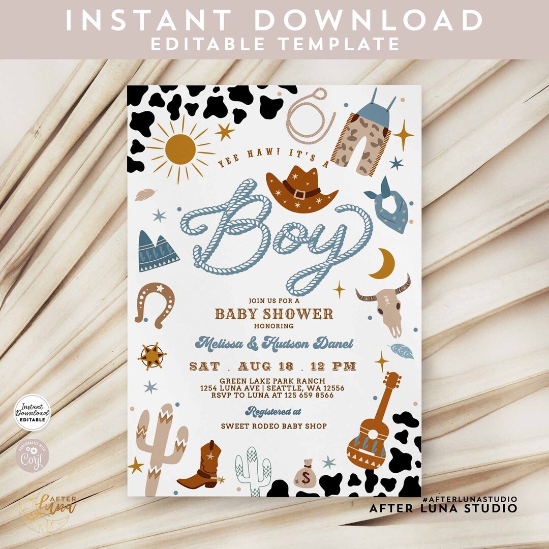 Editable Blue Boy Cowboy Baby Shower Invitation Rodeo Ranch Wild West ...