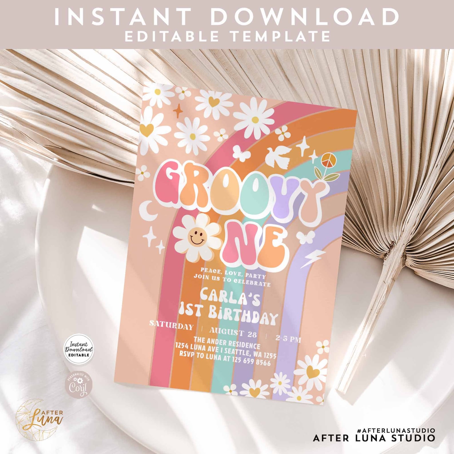 Editable Groovy One Invite Daisy Rainbow Groovy ONE 1st - Etsy