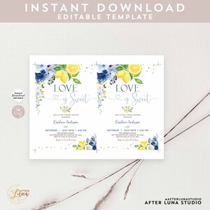 Editable Blue Lemon Bridal Shower Invitation Blue Floral Citrus Love is ...