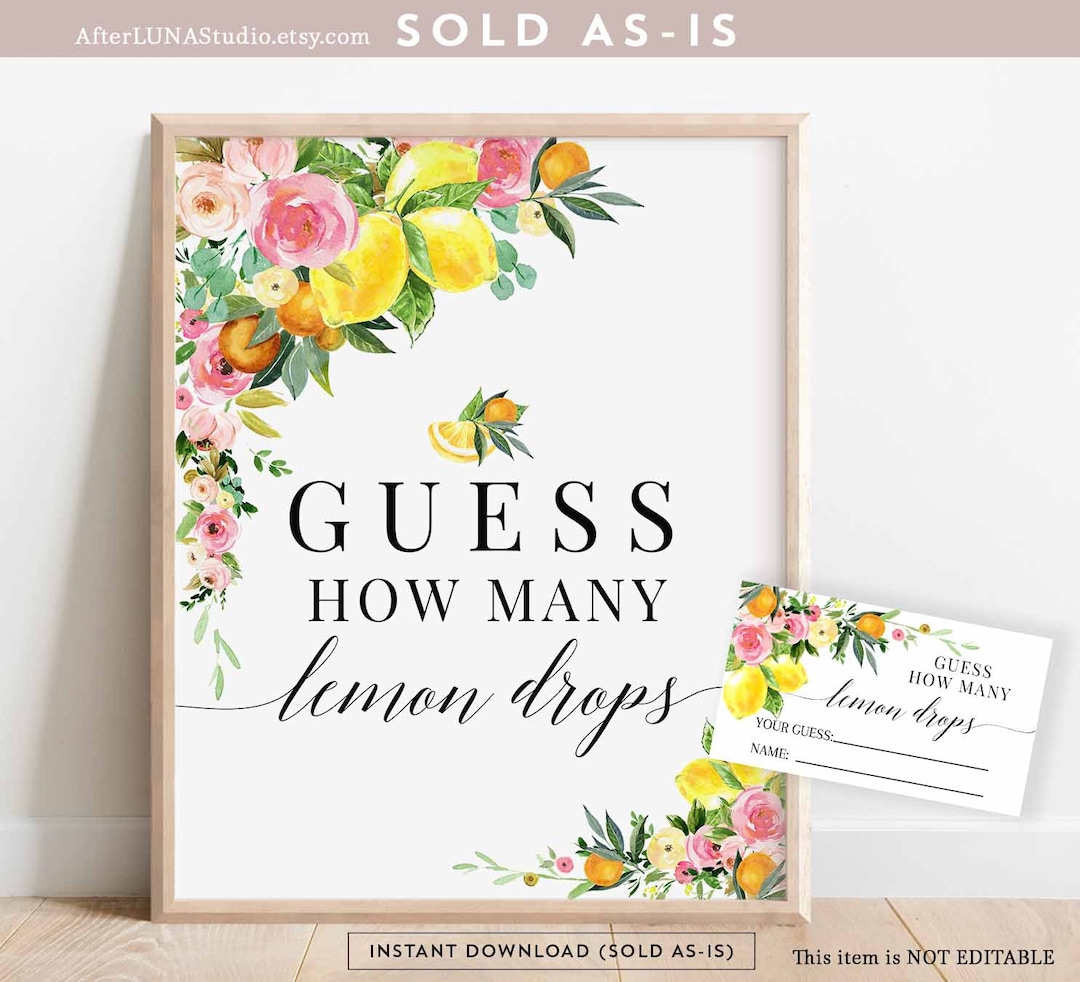 Guess How Many Lemon Drops Game Sign and Card Pink Floral Lemon Orange ...
