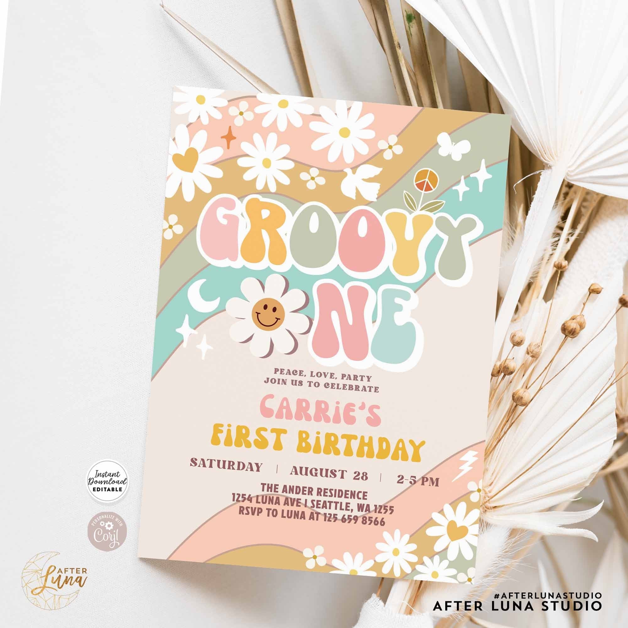 Editable Groovy ONE 1st First Birthday Invite Groovy Birthday | Etsy